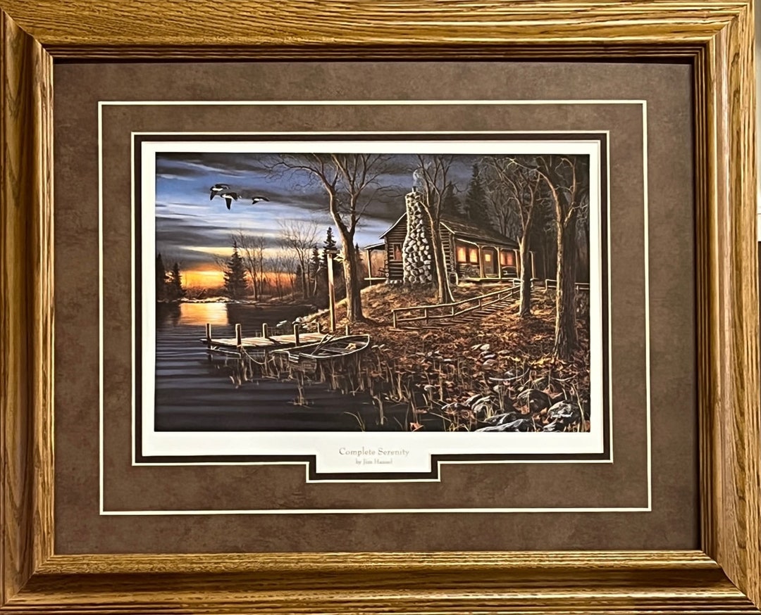 Jim Hansel "complete Serenity" Cabin Lake Geese Art Print Framed 21" X ...