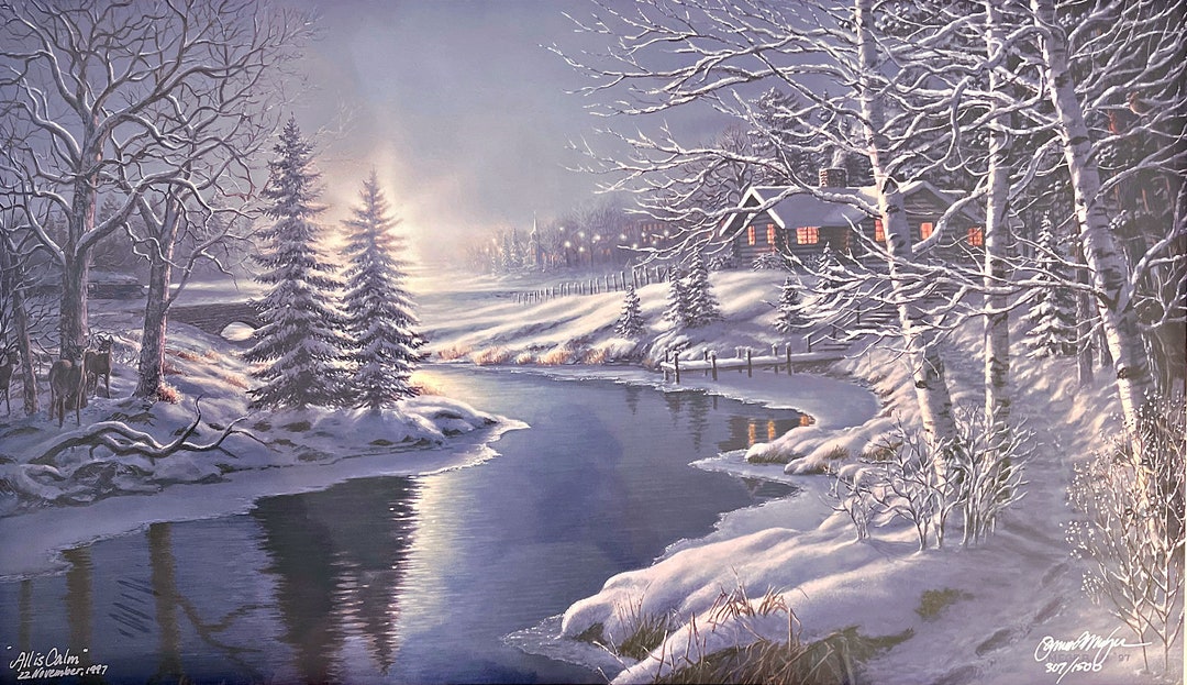 James Meger, All is Calm Winter Cabin Deer Art S/N Print (27x16) - Etsy