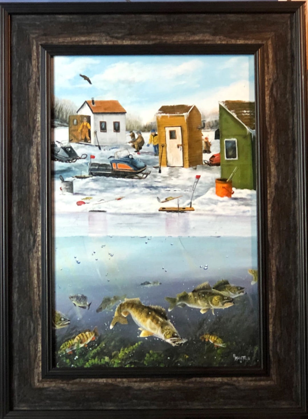 Ray Mertes Fishing Frenzy Ice Fishing Snowmobile Art Print-framed 19 X ...