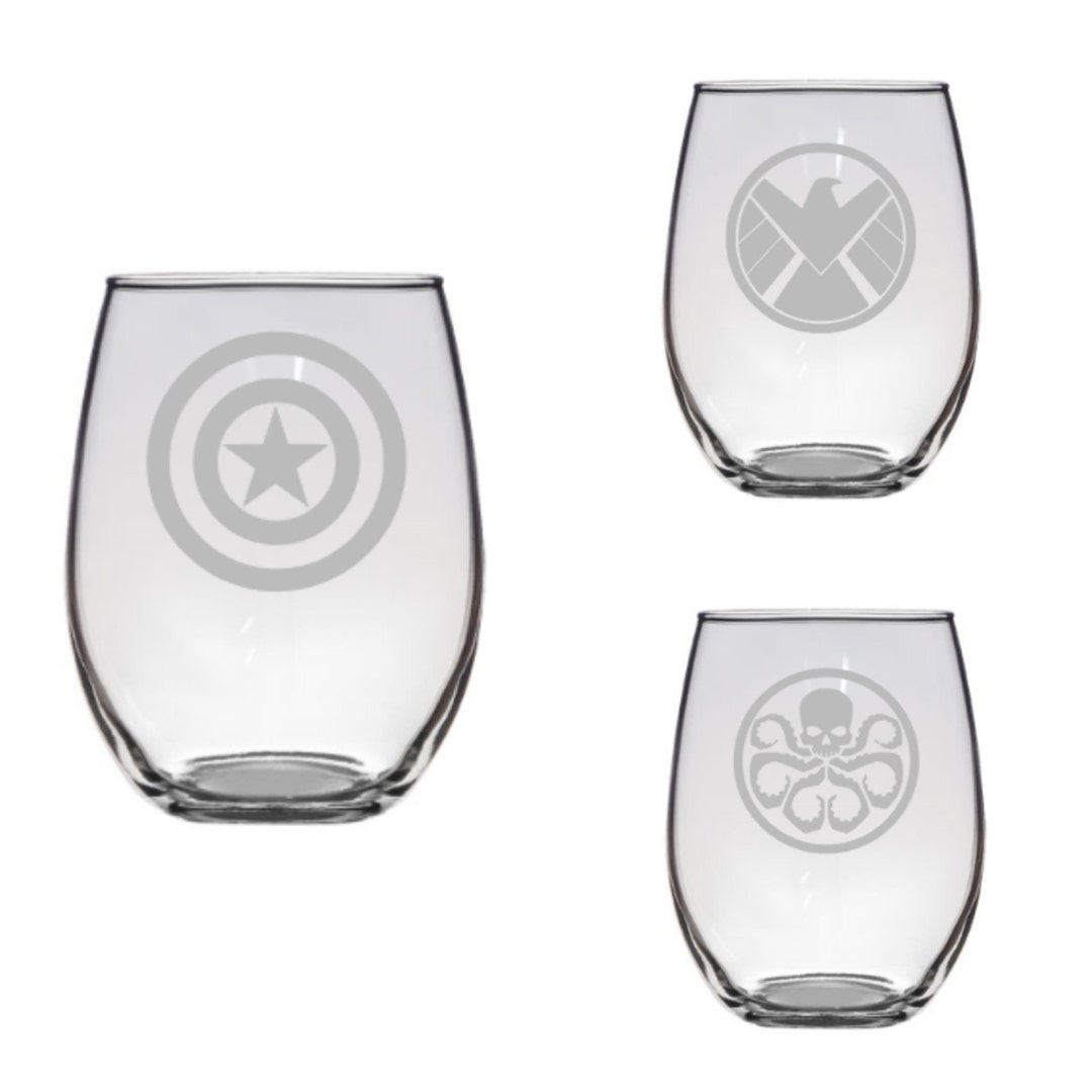 Captain America Logos Etched Wine Glass, Agents of S.H.I.E.L.D, Agents ...
