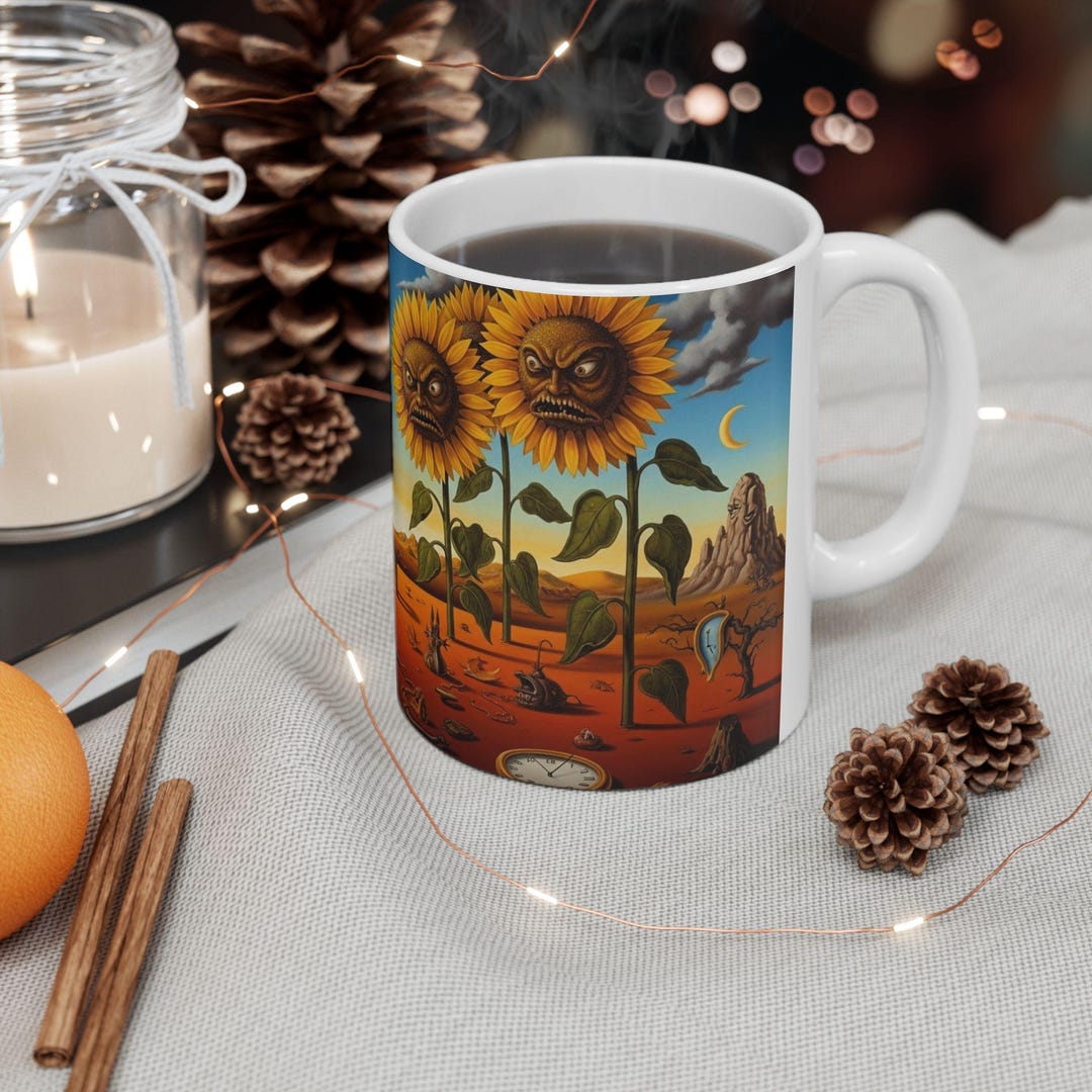 Surreal Art Spooky Mug - Angry Sunflowers and Melting Clocks Dali Style ...