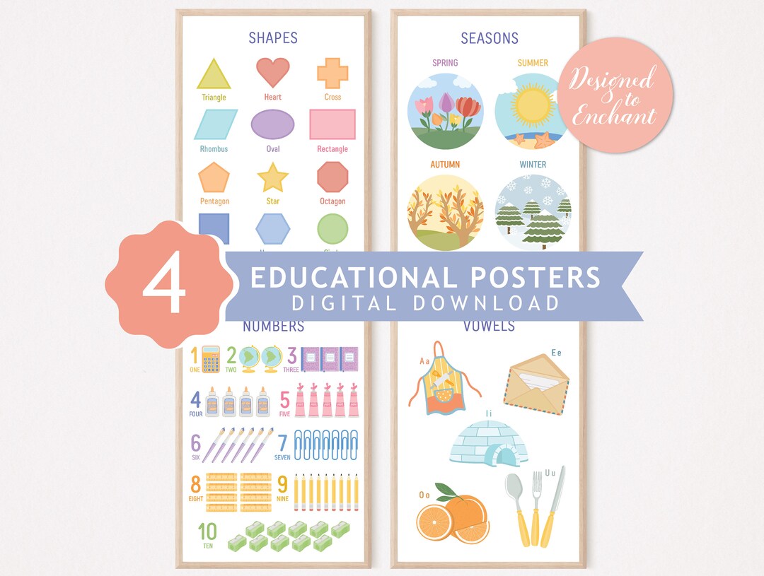 Educational Numbers Poster Classroom Shapes Print Learning Poster for ...