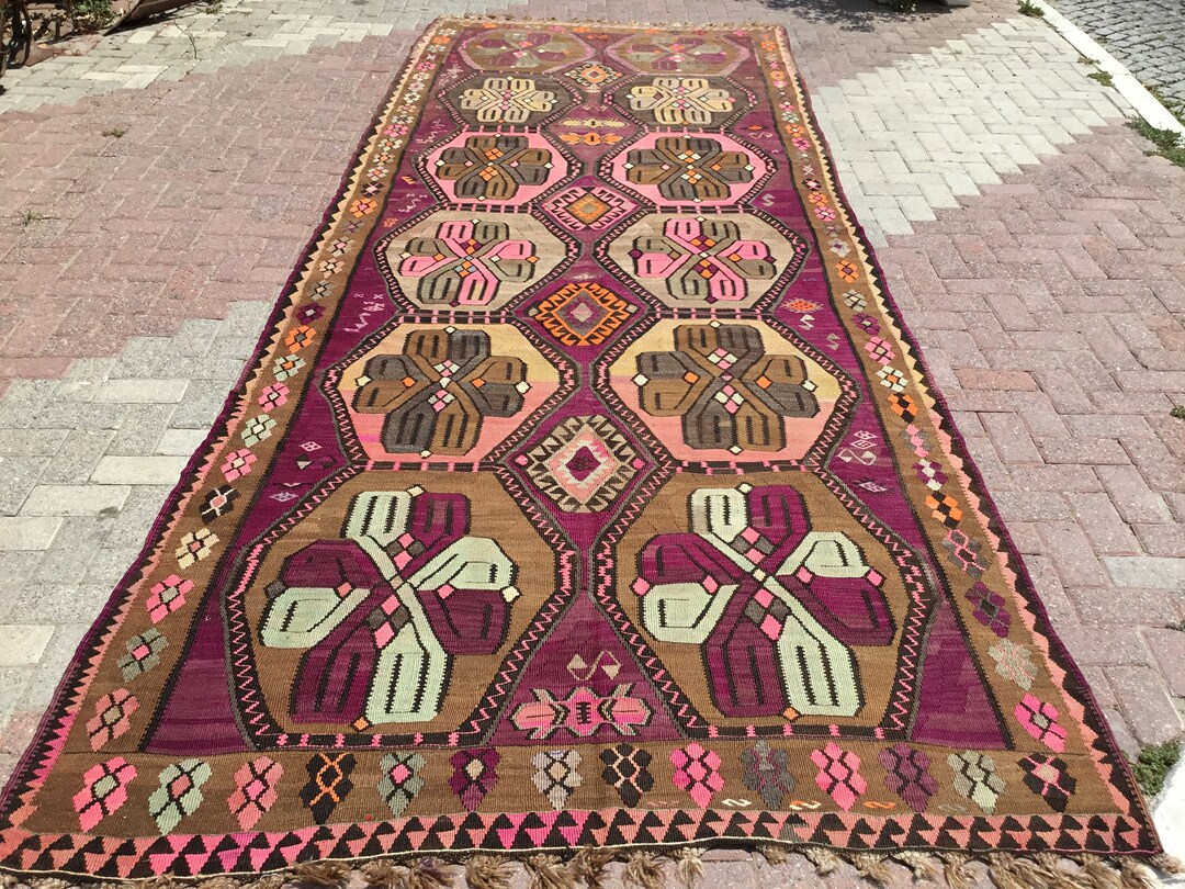 OVERSIZED Pink and Burgundy Kilim Rug, 177'' X 68'', Vintage Turkish ...
