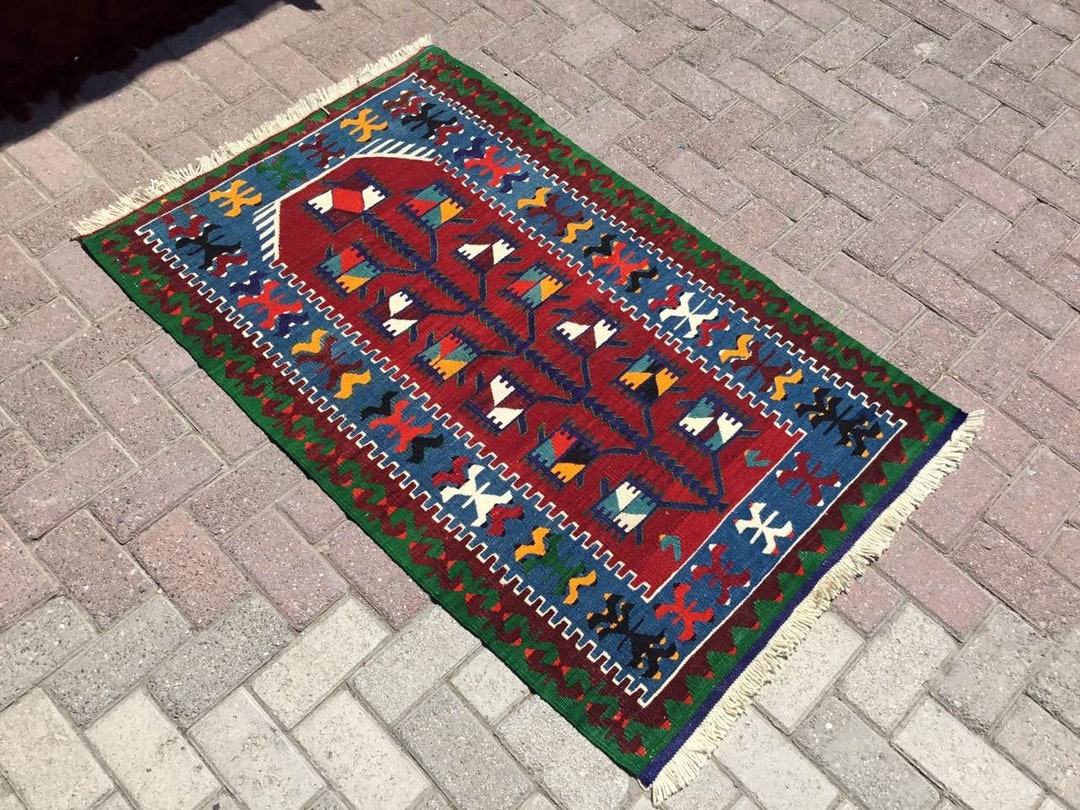 Blue and Red Small Kilim, 54" X 34", Vintage Turkish Kilim Rug, Small ...