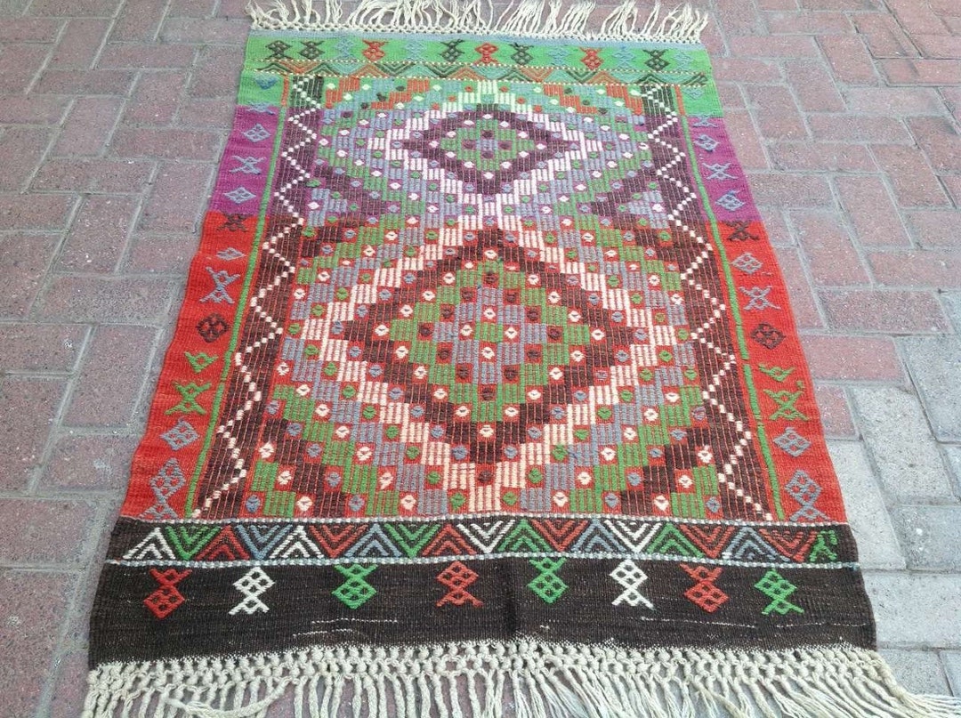Small Kilim Rug, Vintage Turkish Kilim Rug, Purple and Green Area Rug ...
