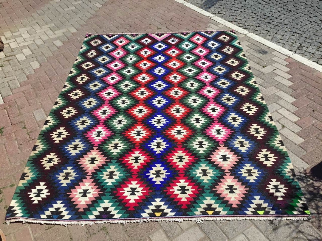Bright Kilim, Pink, Red, Blue Kilim, Blue Kilim, Vintage Turkish Rug ...