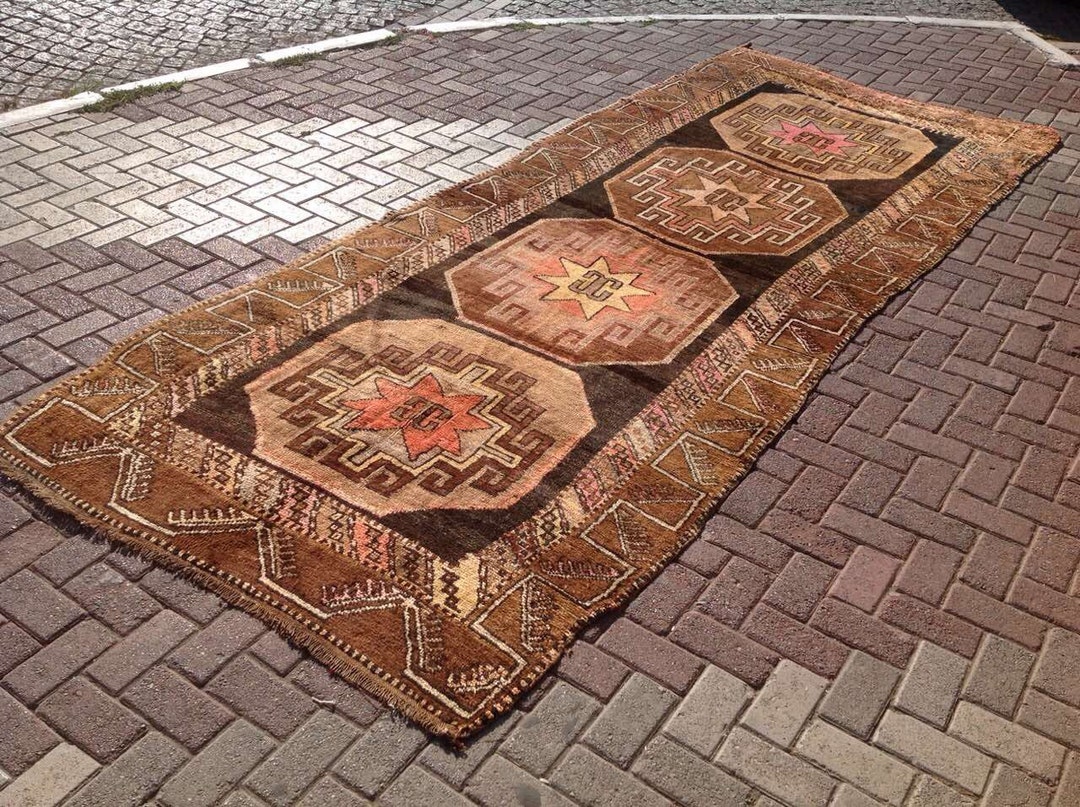 12'8" X 5'2" Brown Runner Rug, Muted Color Runner, Unique Neutral Color ...