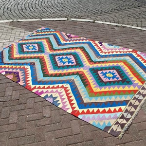 Bright Kilim, Pink Kilim, Blue Kilim, Vintage Turkish Rug, 115" X 74 ...