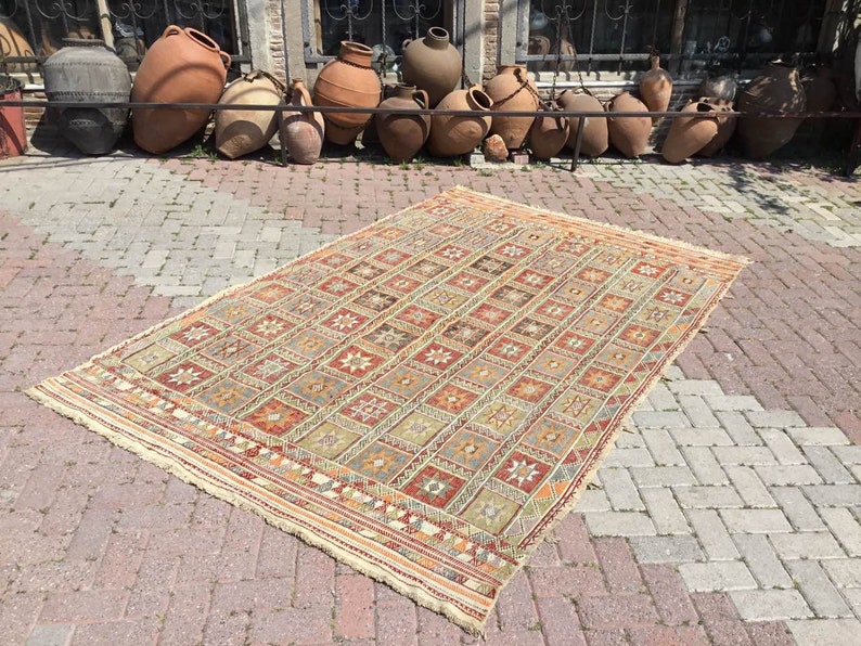 RUSTIC Area Rug, 109" X 71" Muted Color Kilim Rug, Vintage Turkish ...