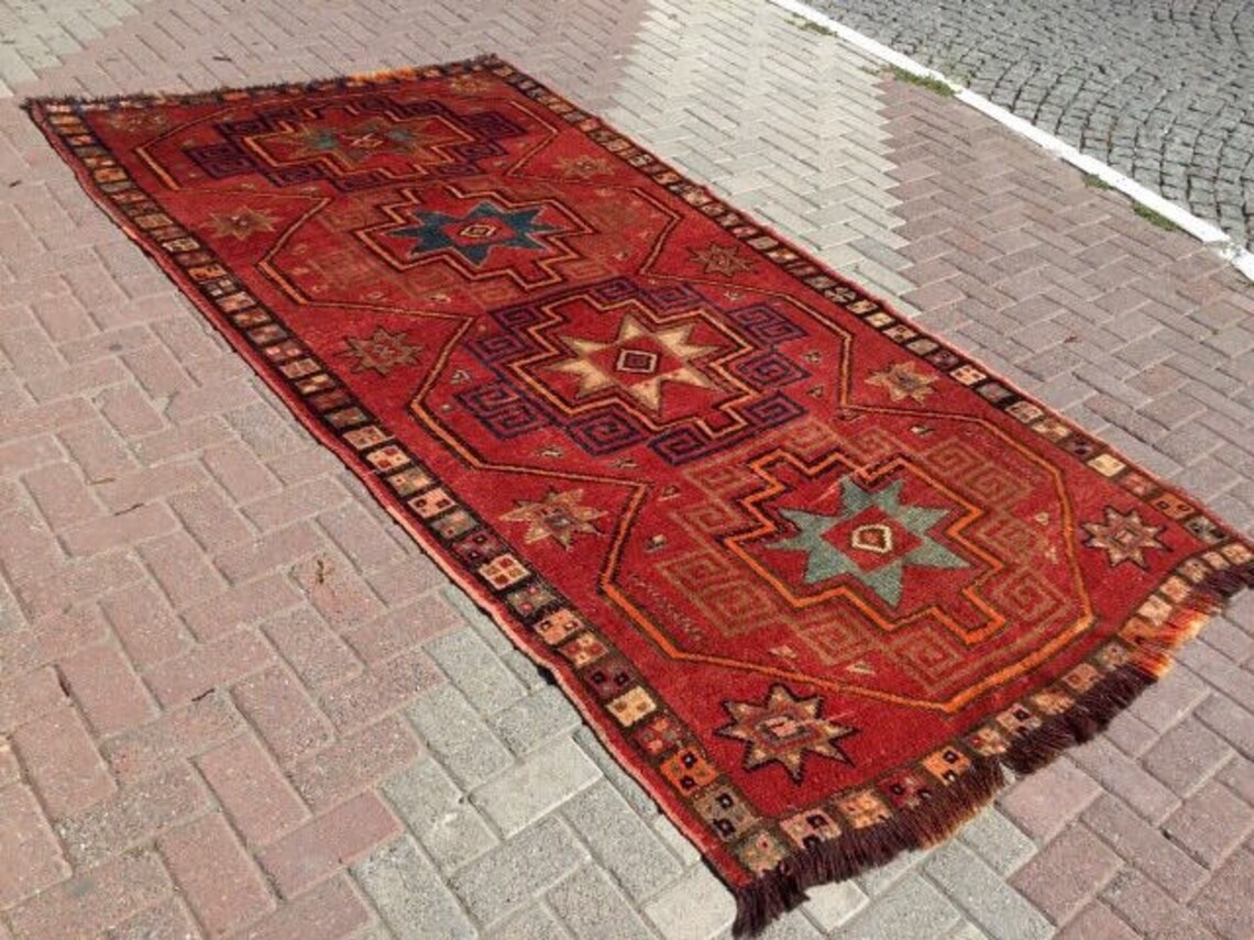 Area Rug Vintage Hand Knotted Rug 125 X 63 Red - Etsy