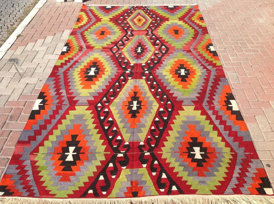 Geometric Pattern, Large Kilim Rug 143" X 78", Oversized Vintage ...