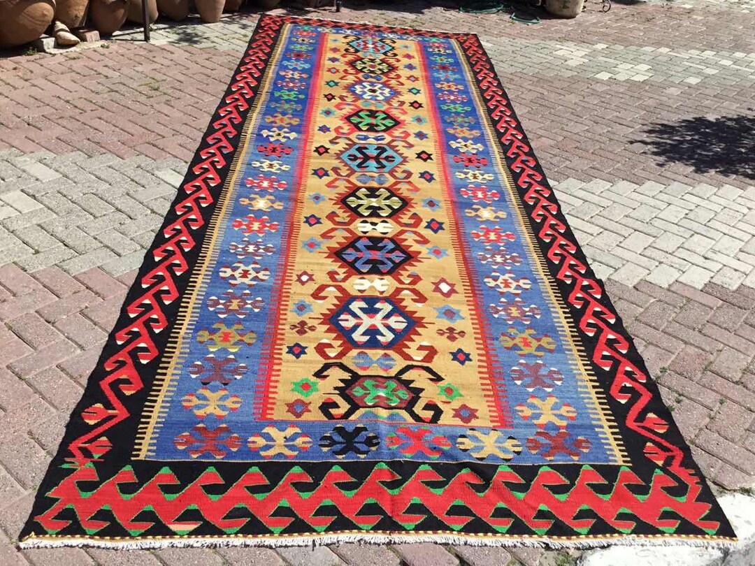 Large Kilim Rug, OVERSIZED Rug, 200 X 71, Red, Blue, Camel, Wool Area ...