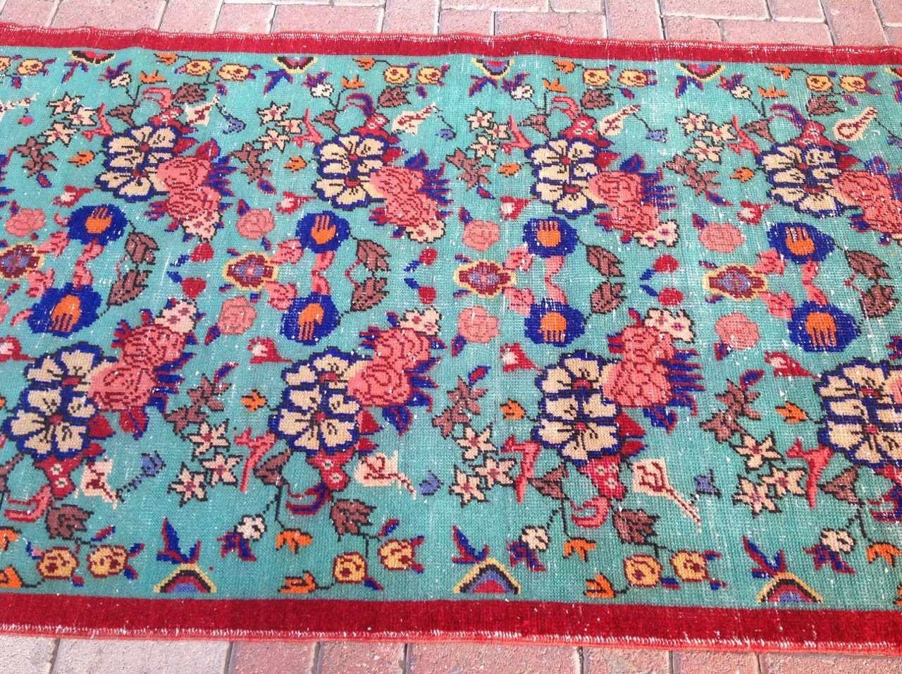 Turquoise rug Area Rug 92'' x 41'' Vintage | Etsy