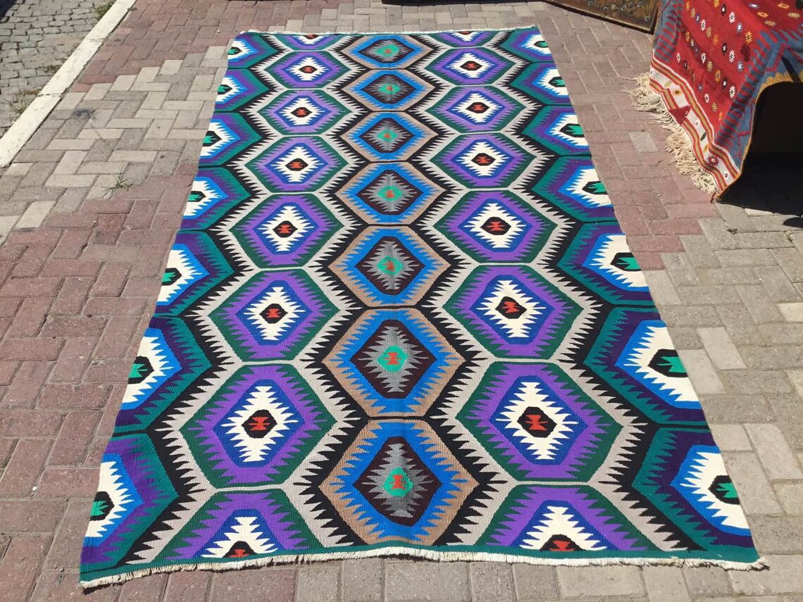 Bright Kilim Blue Kilim Purple Kilim Vintage Turkish Rug - Etsy