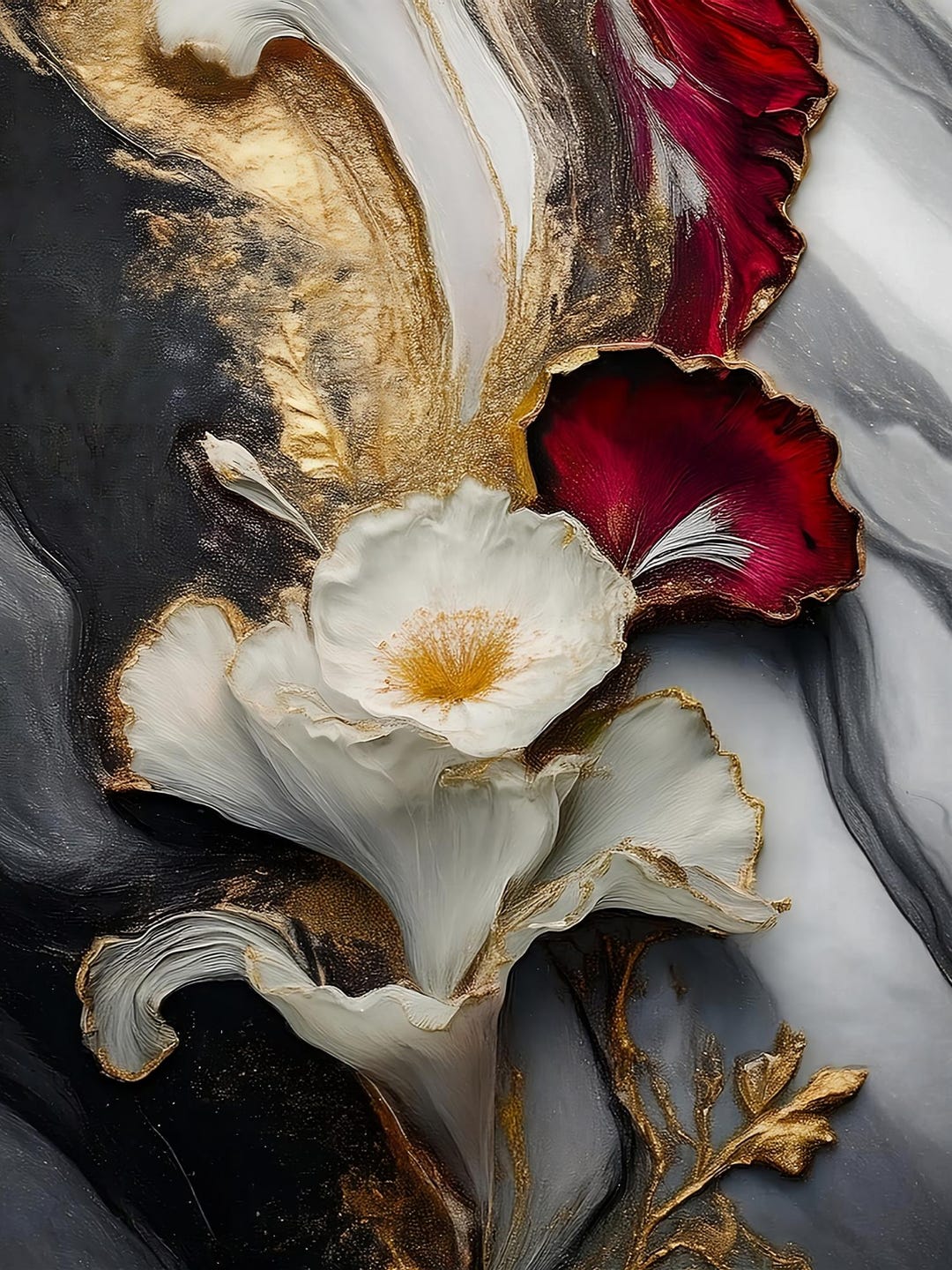 Marble Texture Floral Abstract Art Print: Gold Glitter Accents (digital ...