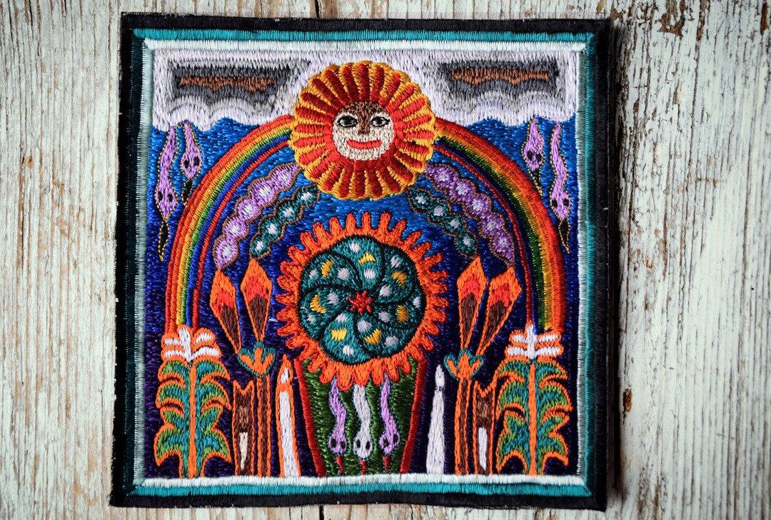 Rainbow Sun Peyote Patch, Handmade Embroidery, Huichol Peyote Art ...