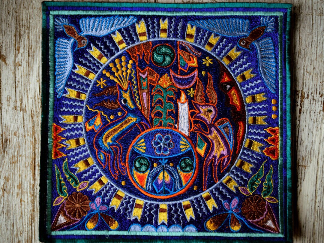 Huichol Peyote Patch, Embroidery With Eagle, Dear, Moon and Spirits ...