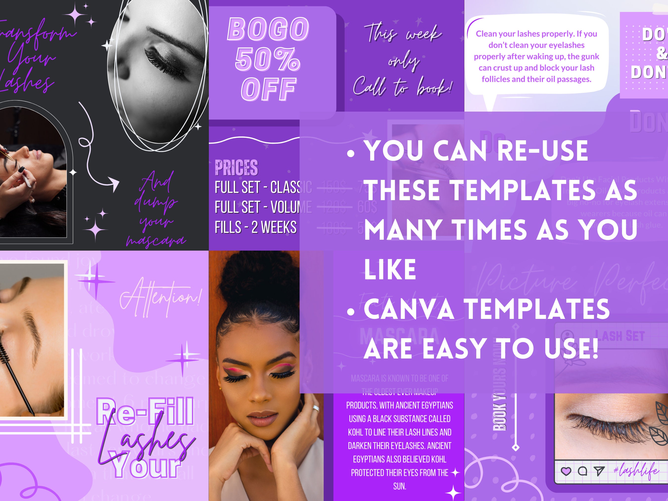 Purple Instagram Post Templates Canva, 30 Editable Lash Techs IG Post ...