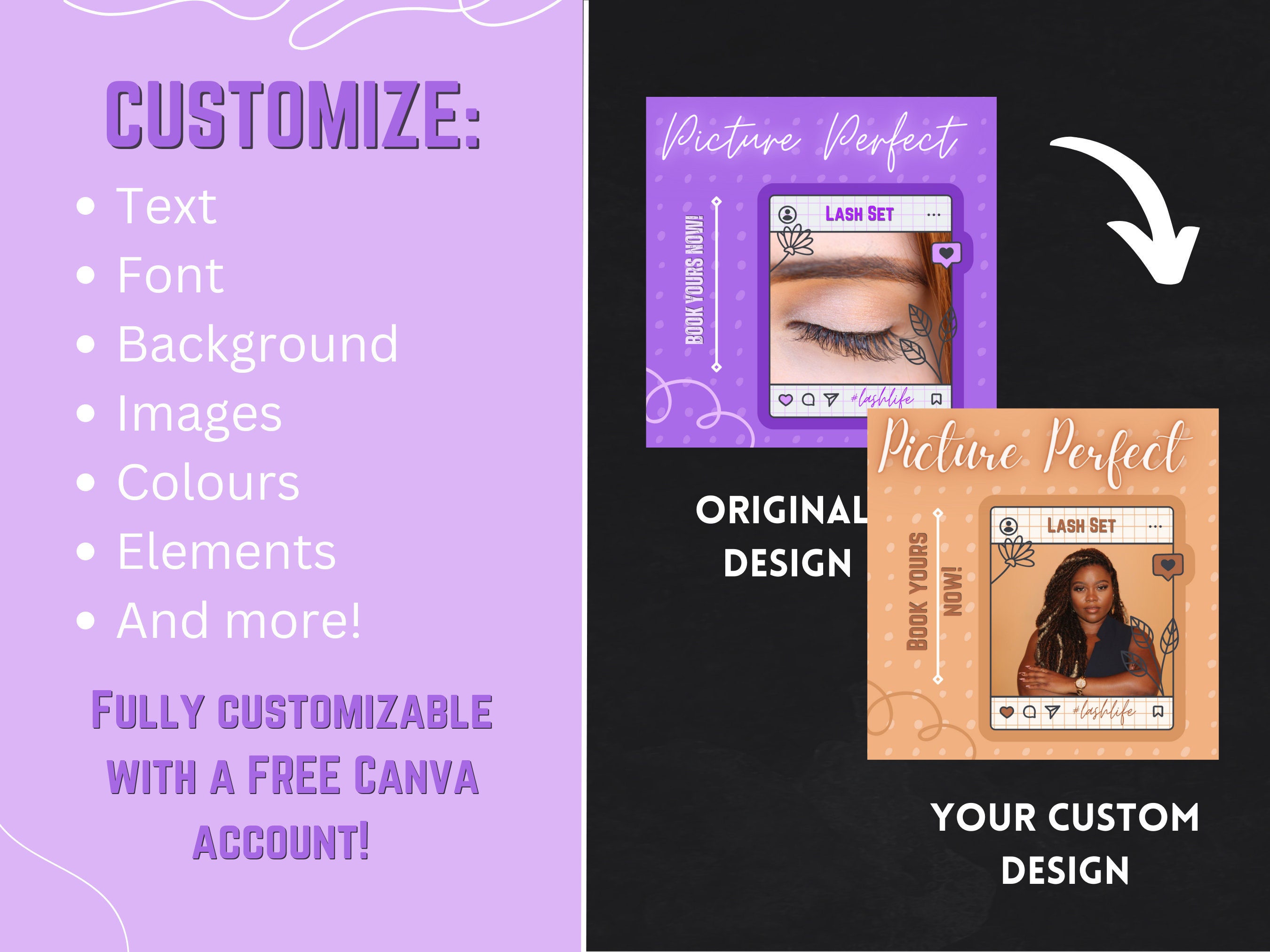 Purple Instagram Post Templates Canva, 30 Editable Lash Techs IG Post ...