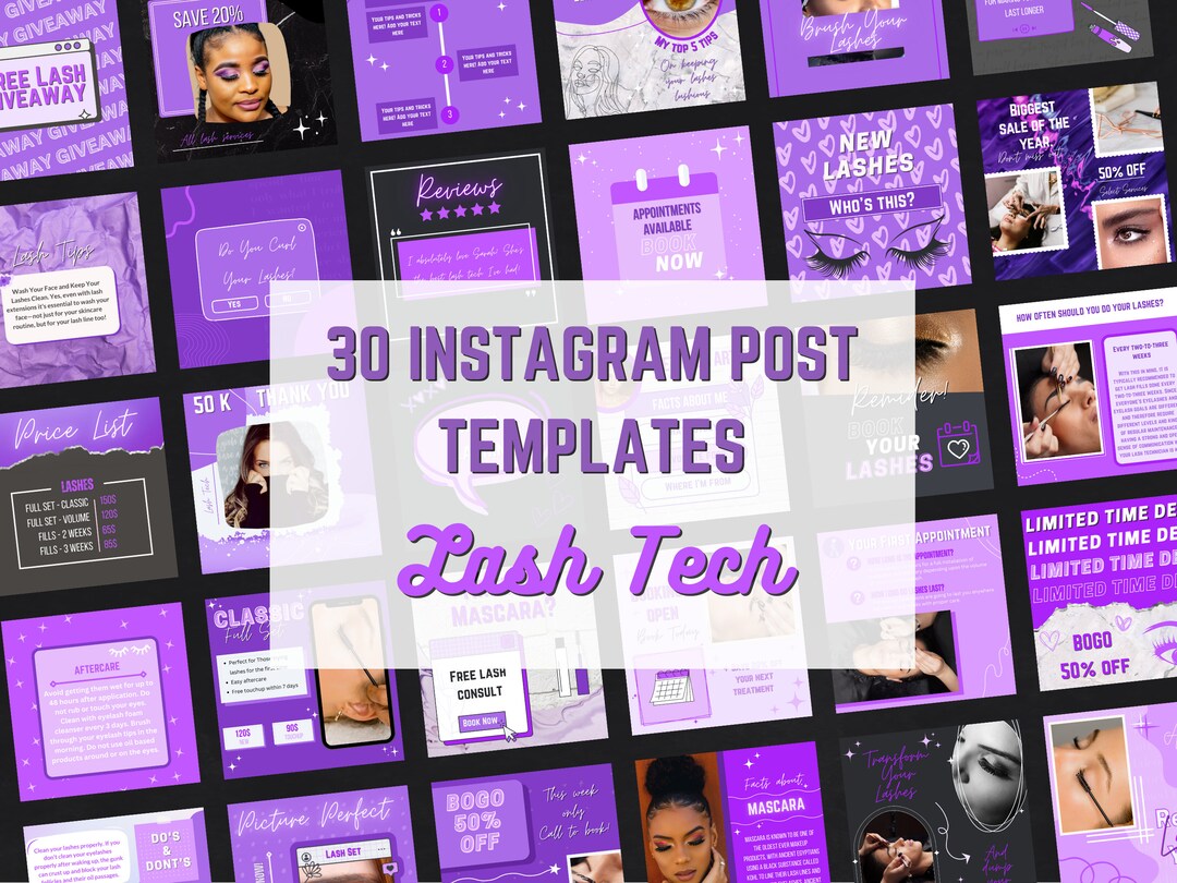 Purple Instagram Post Templates Canva, 30 Editable Lash Techs IG Post ...