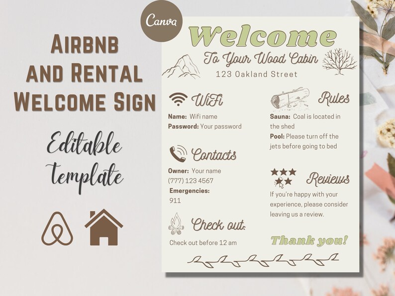 Airbnb Welcome Sign Editable Template for Cabin Rental Printable ...