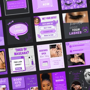 Purple Instagram Post Templates Canva, 30 Editable Lash Techs IG Post ...