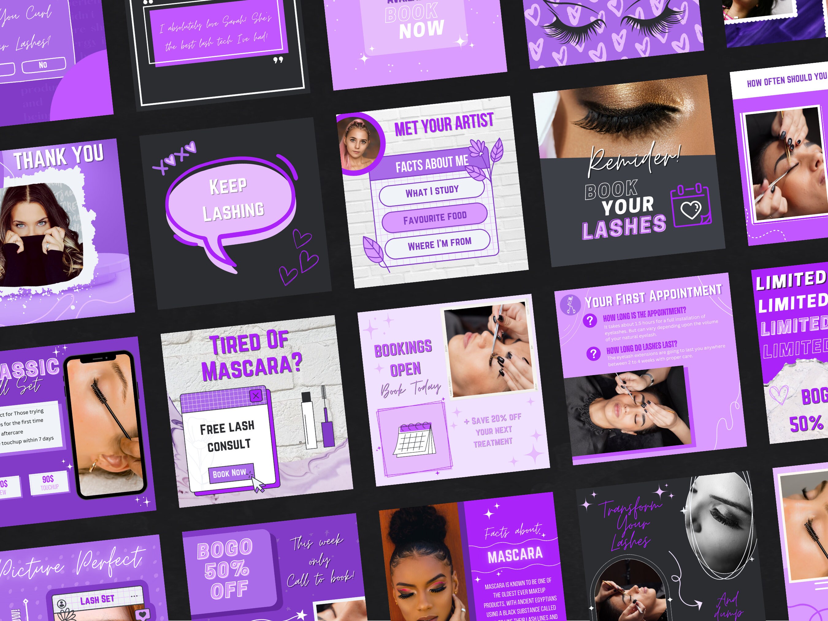 Purple Instagram Post Templates Canva, 30 Editable Lash Techs IG Post ...