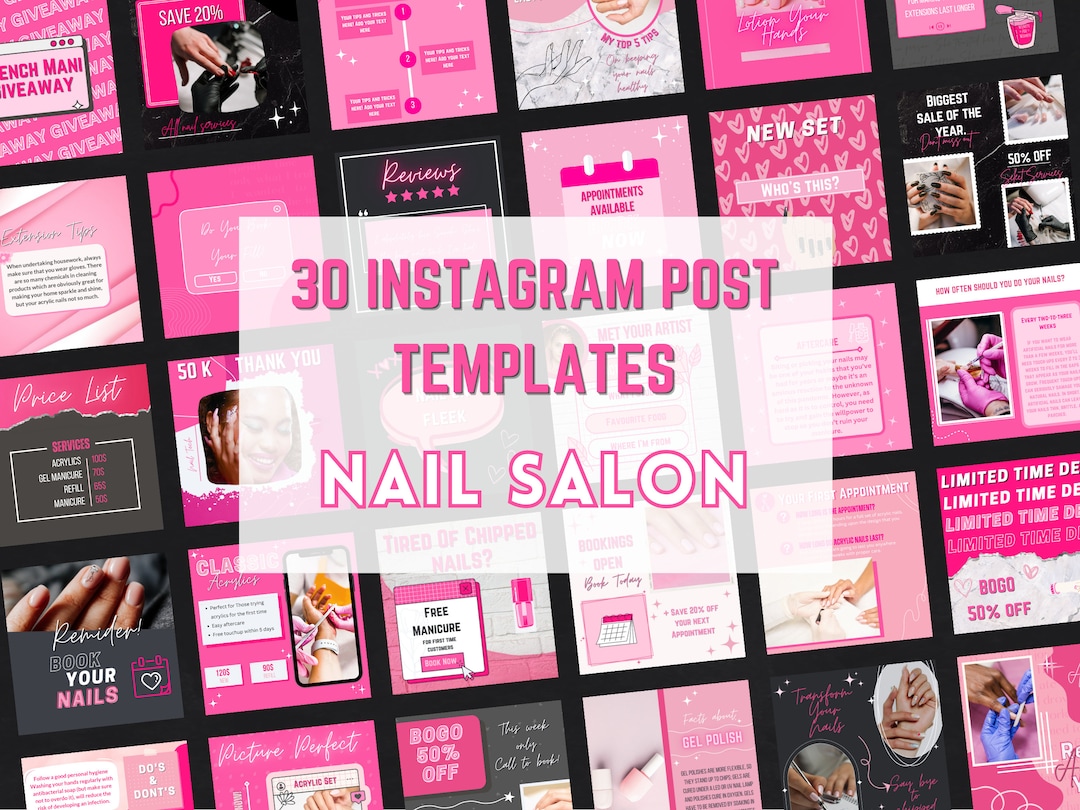 DIY Nail Tech Instagram Post Template, 30 Editable Canva Pink IG Posts ...