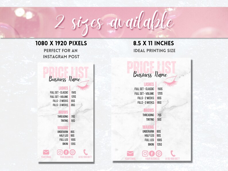 Price List Template Lash for Small Business, Pink Luxury Editable ...