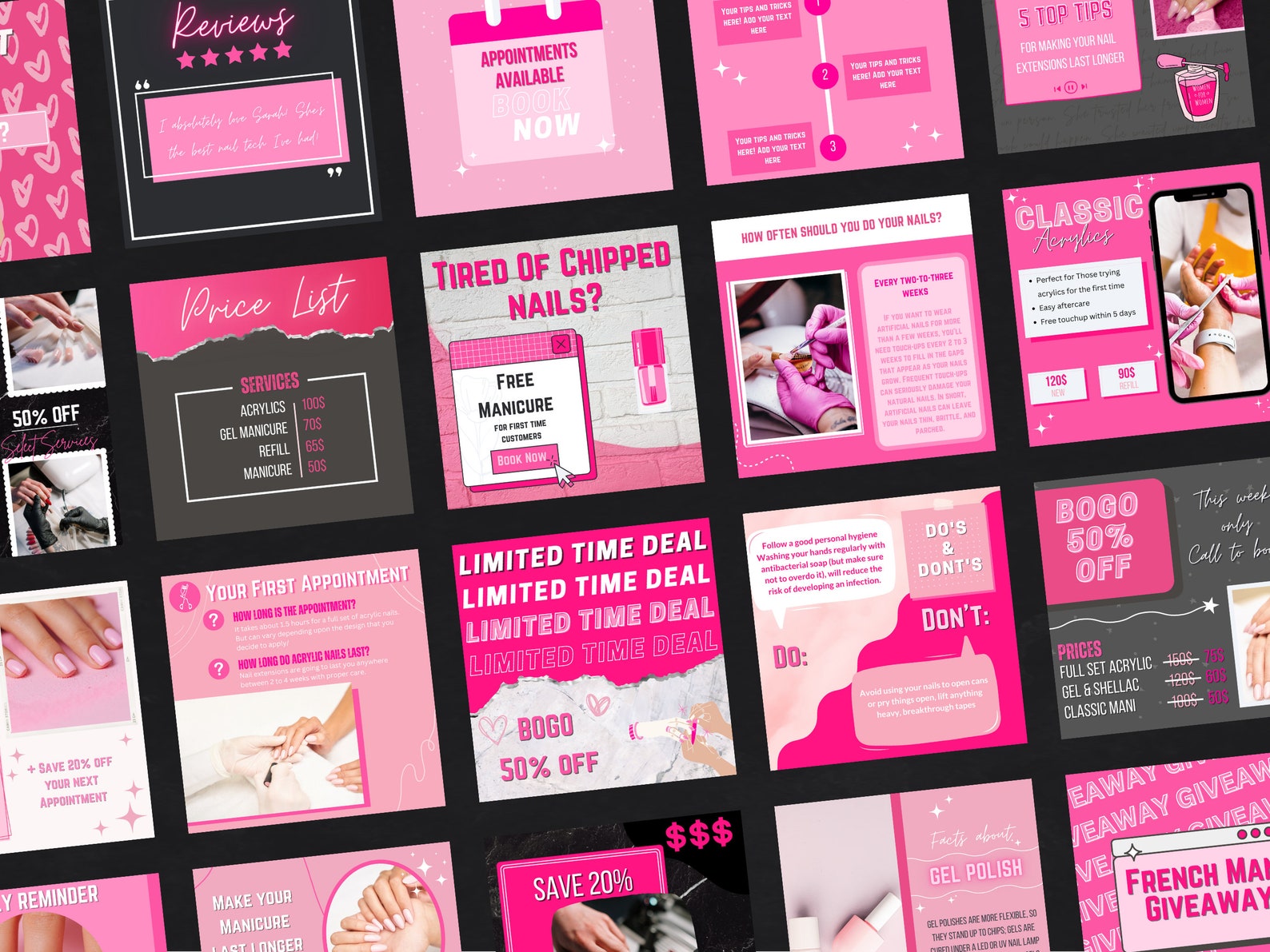 DIY Nail Tech Instagram Post Template, 30 Editable Canva Pink IG Posts ...