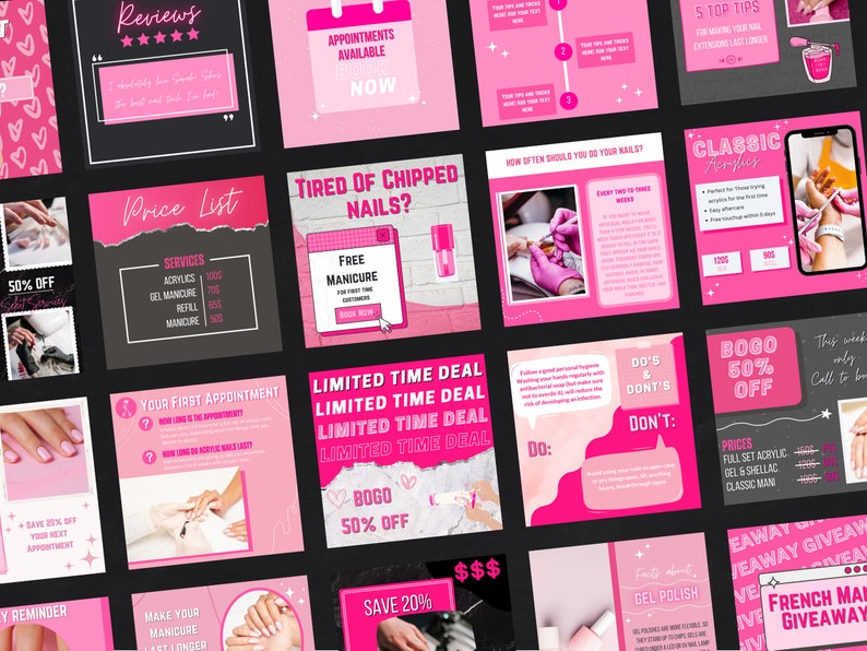 DIY Nail Tech Instagram Post Template, 30 Editable Canva Pink IG Posts ...