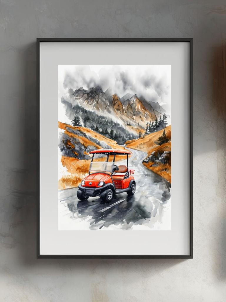 Red Golf Cart, Fall Mountain, Golf Cart Print, Printable, Watercolor ...