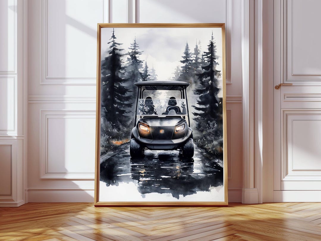 Black Golf Cart Print, Golf Art, Office Artwork, Recreation Art, Black ...