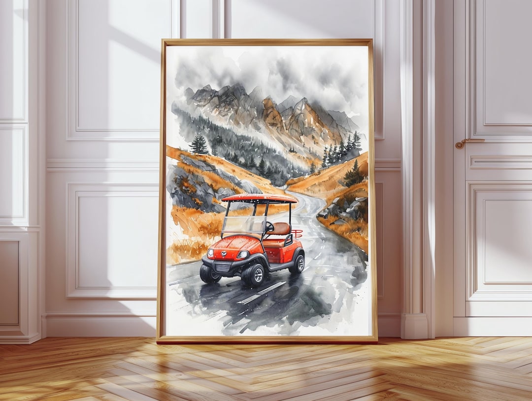Red Golf Cart, Fall Mountain, Golf Cart Print, Printable, Watercolor ...