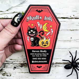 Coffin Shaped Business Card Spooky Halloween Cat and Pumpkin Bats ...