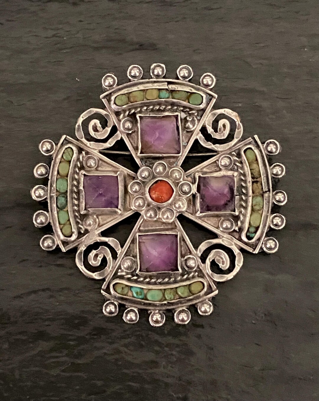 Matl Mexico Gem Set Sterling Silver Maltese Cross Brooch - Etsy