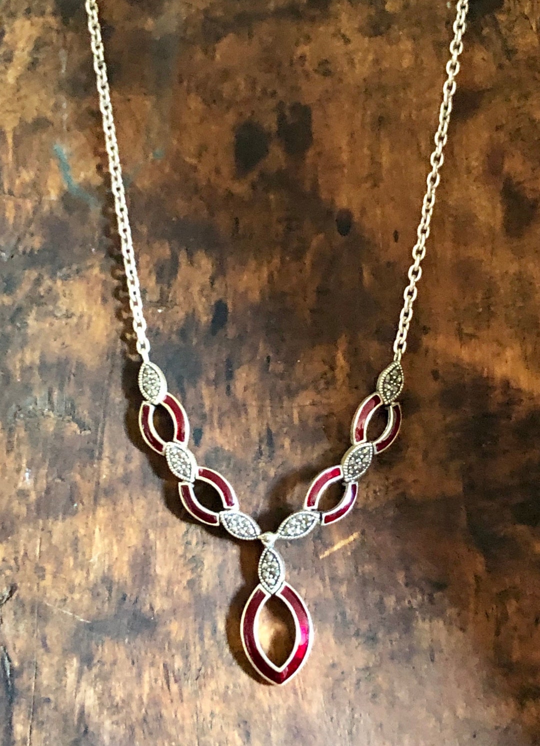 Red Enamel Sterling Marcasite Necklace on Sterling Cable Chain - Etsy