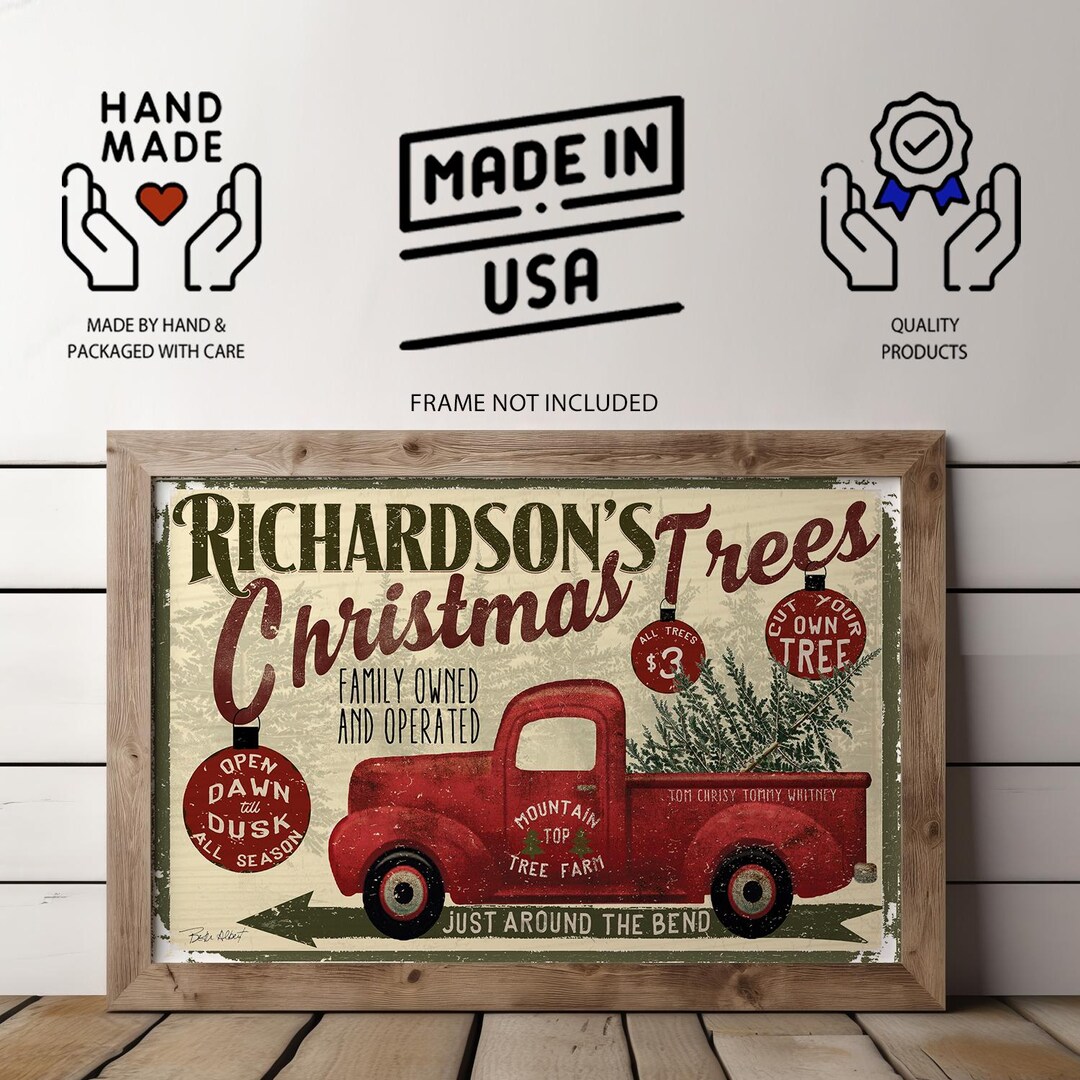Personalized Christmas Tree Farm Print With Red Pickup Truck - Custom ...