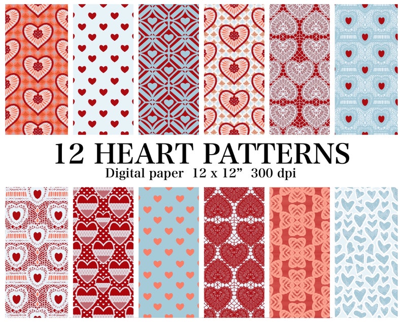 Hearts Digital Paper Pack Love Patterns Valentines Day Digital Download ...