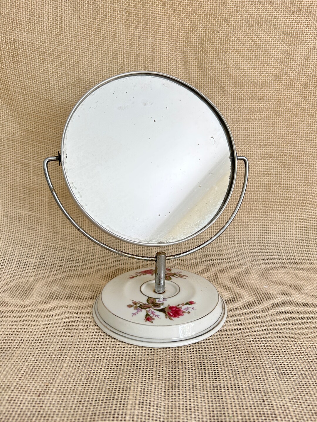 Vintage Cottagecore Mirror--round Mirror on Porcelain Stand--tilting ...