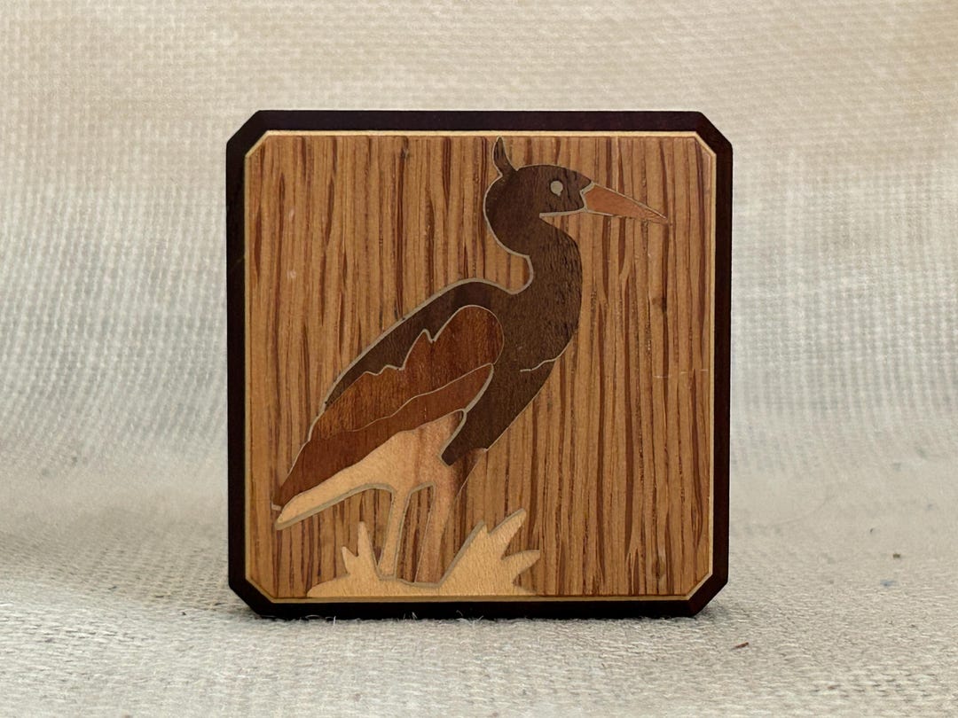 Vintage Crane Marquetry Paperweight--inlaid Wooden Bird Paperweight--2. ...