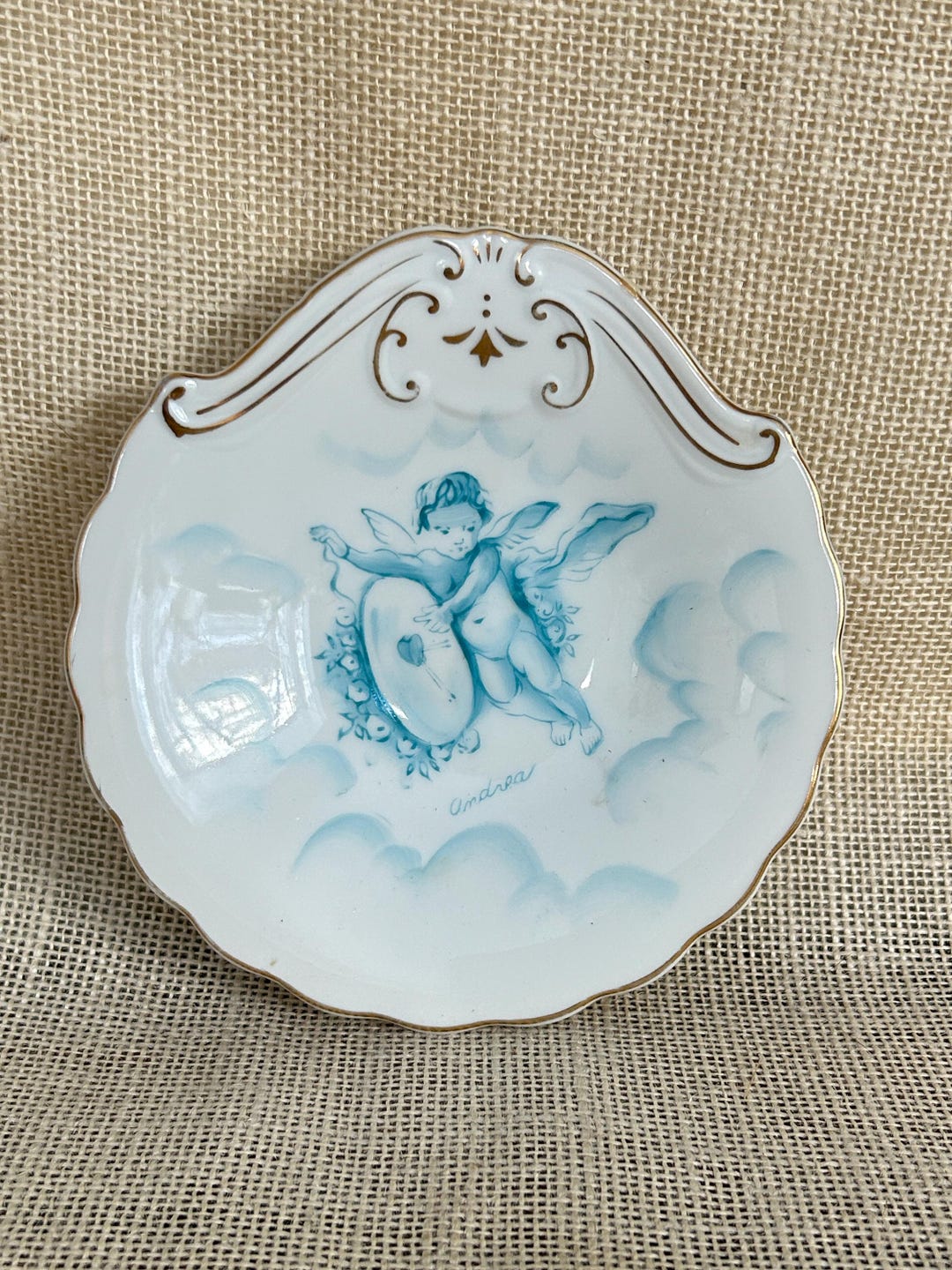 Vintage Blue Cherub Porcelain Trinket Dish With Gold Accents - Etsy