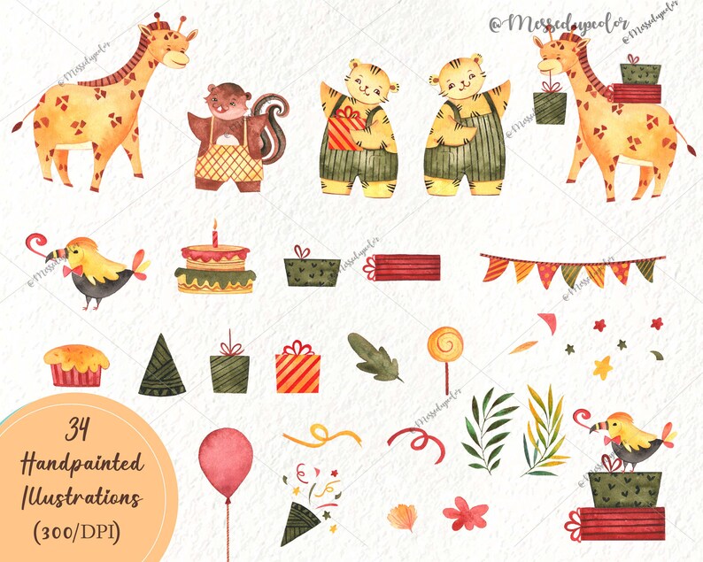 Cute Animals Birthday Clipart, Birthday Clipart, Watercolor Animals ...