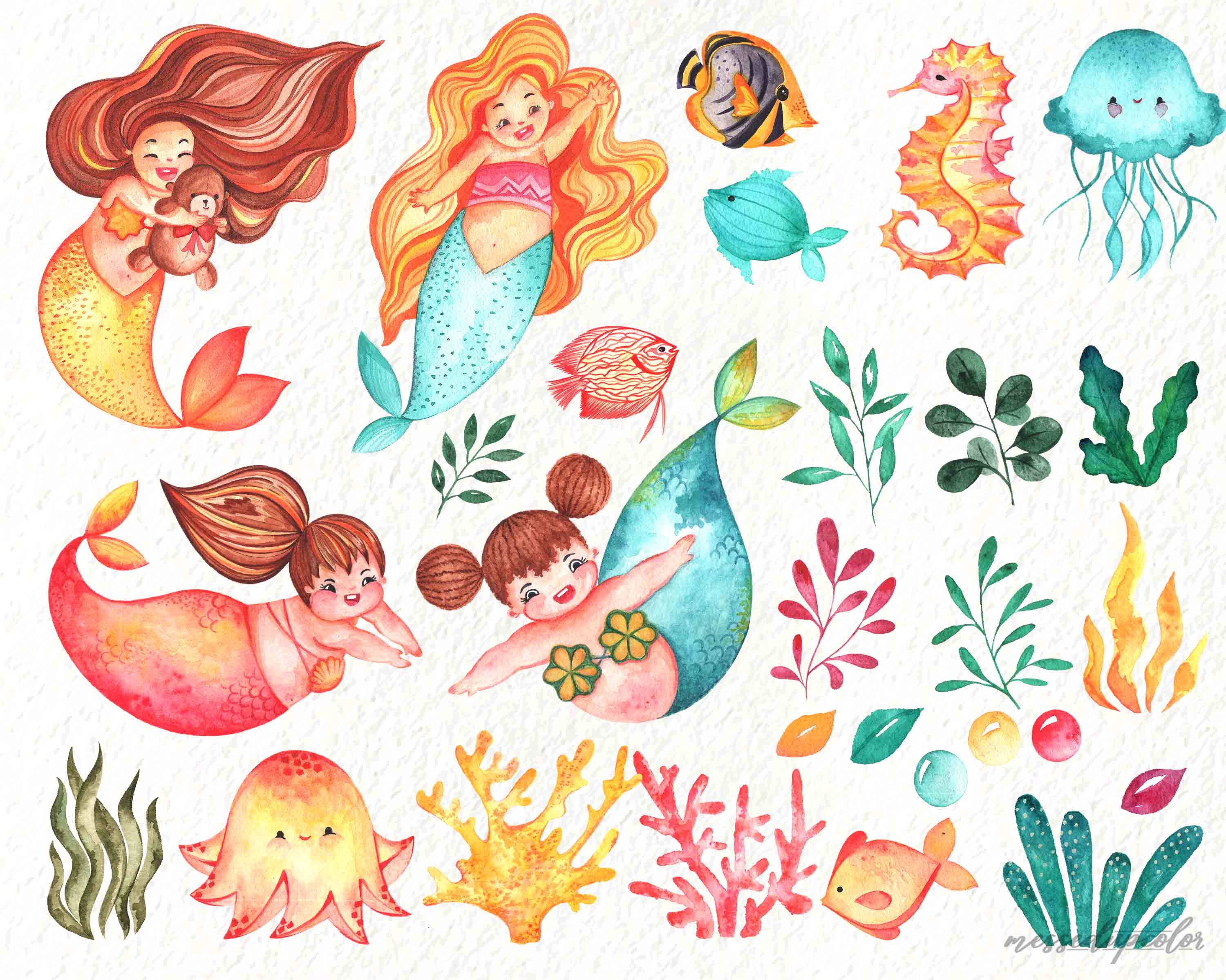 Mermaid Clipart Watercolor Mermaid Clipart Octopus Baby - Etsy
