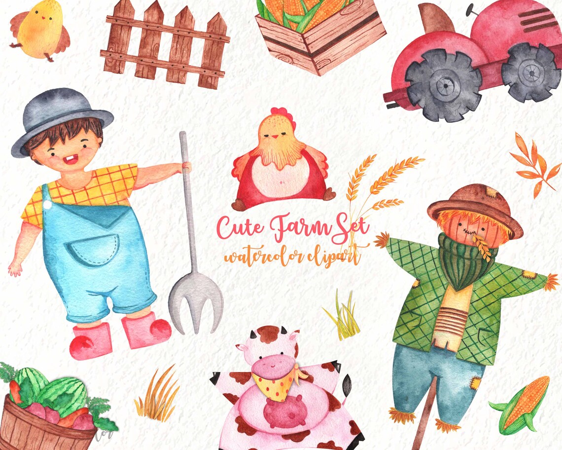 Farm Clipart, Watercolor Farm, Farm Animal Clipart, Watercolor Animal ...