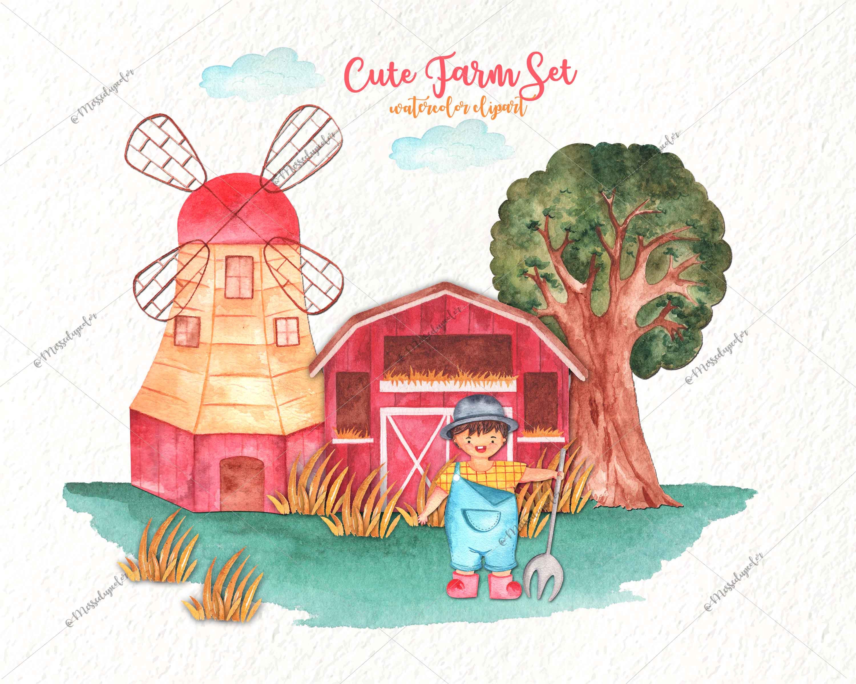 Farm Clipart, Watercolor Farm, Farm Animal Clipart, Watercolor Animal ...