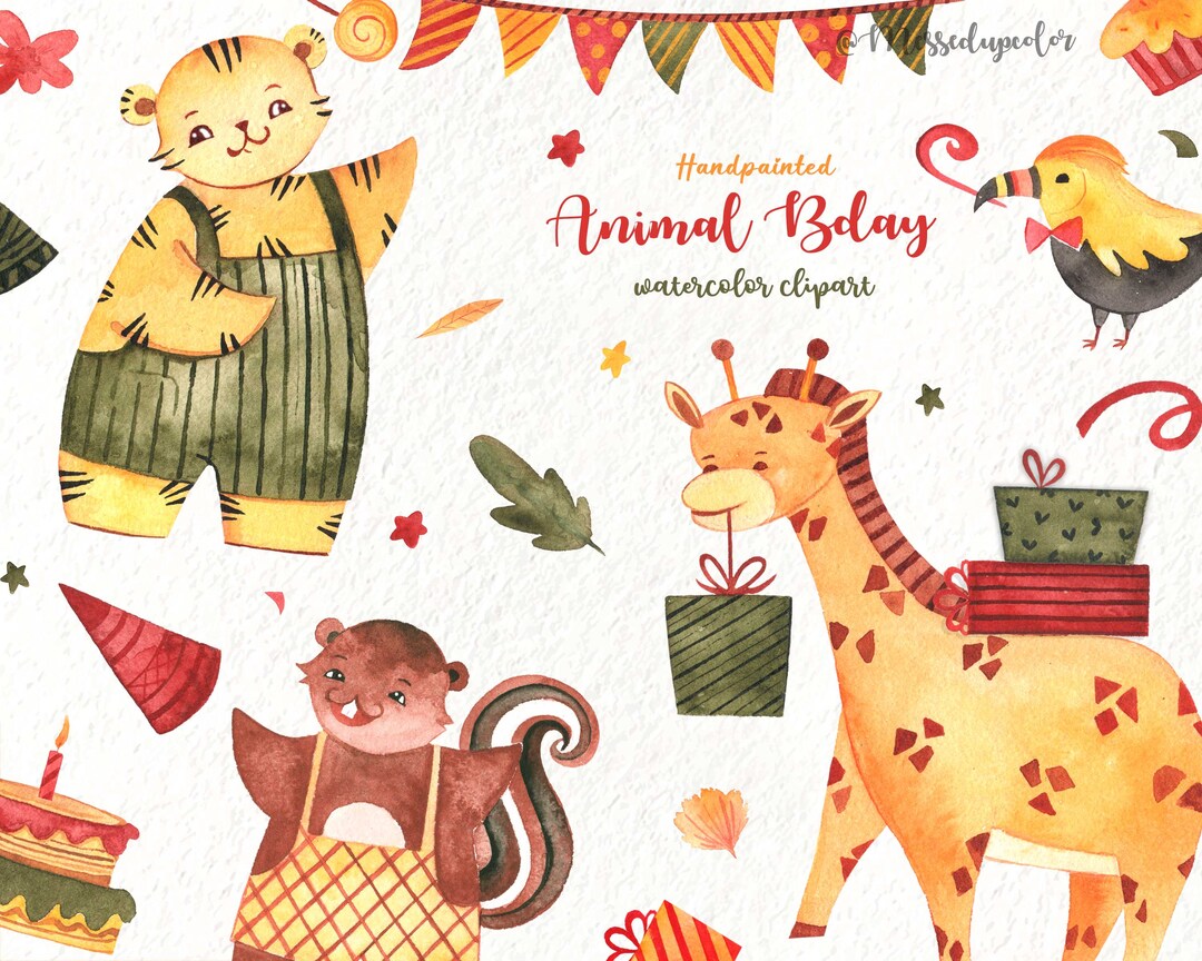 Cute Animals Birthday Clipart, Birthday Clipart, Watercolor Animals ...