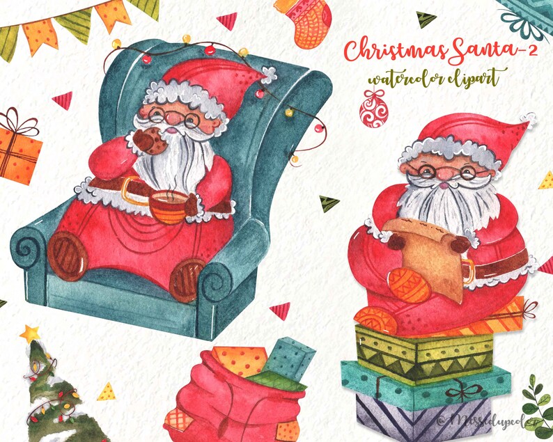 Christmas Clipart Christmas Watercolor Clipart Santa Claus - Etsy