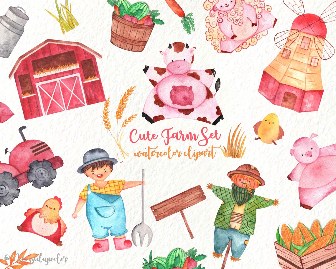 Farm Clipart, Watercolor Farm, Farm Animal Clipart, Watercolor Animal ...