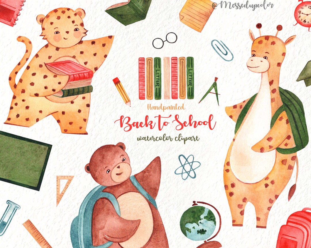 Cute Animals School Clipart, School Clipart, Watercolor Animals Clipart ...